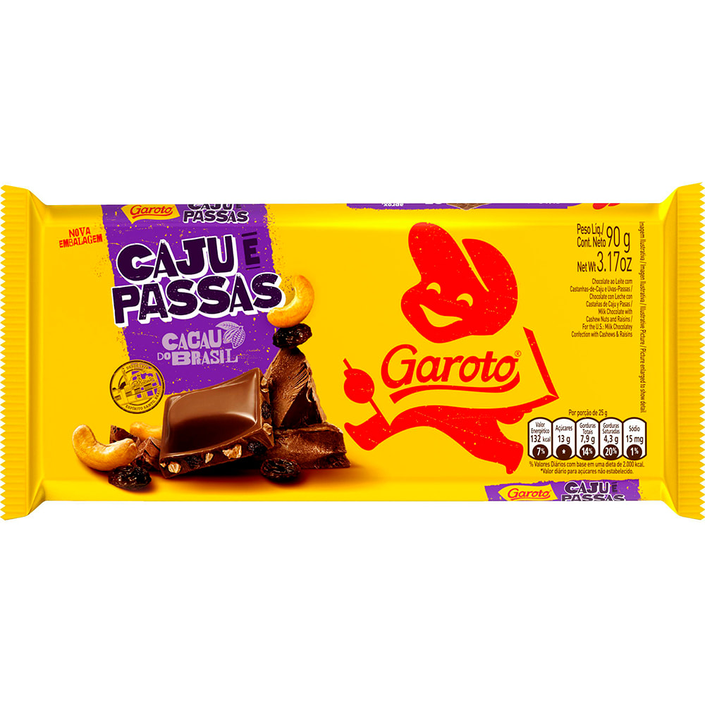 Barra de Chocolate ao Leite com Castanha de Caju e Passas Garoto 90g ...