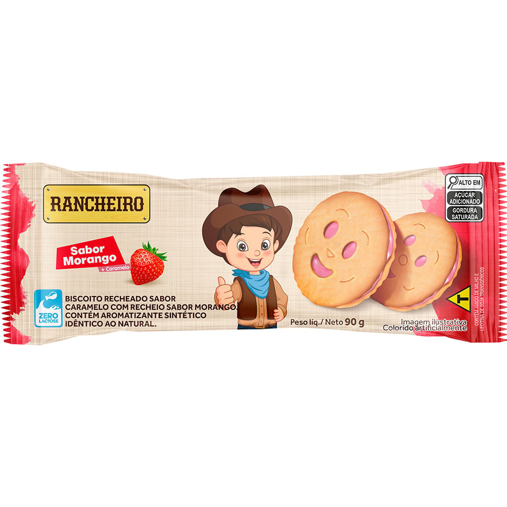 Biscoito Rancheiro Recheado Sabor Morango Caramelo 90g Destro