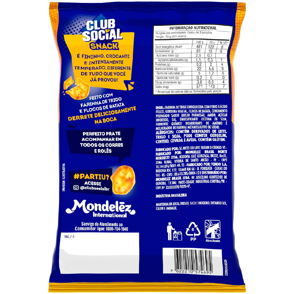 Biscoito Snack Club Social Queijo Parmesão 68g - Destro