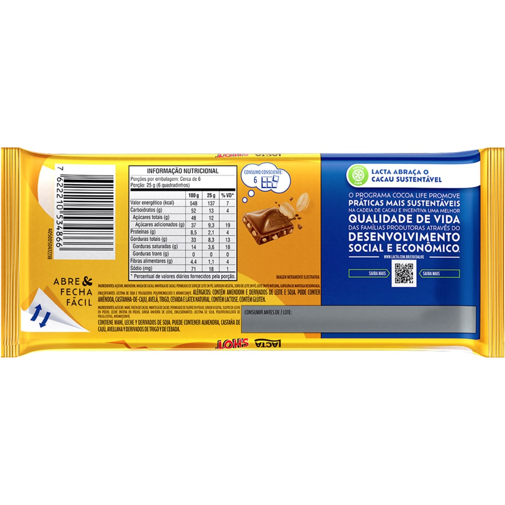 Chocolate Lacta Shot Com Amendoim Em Barra 145g - Destro