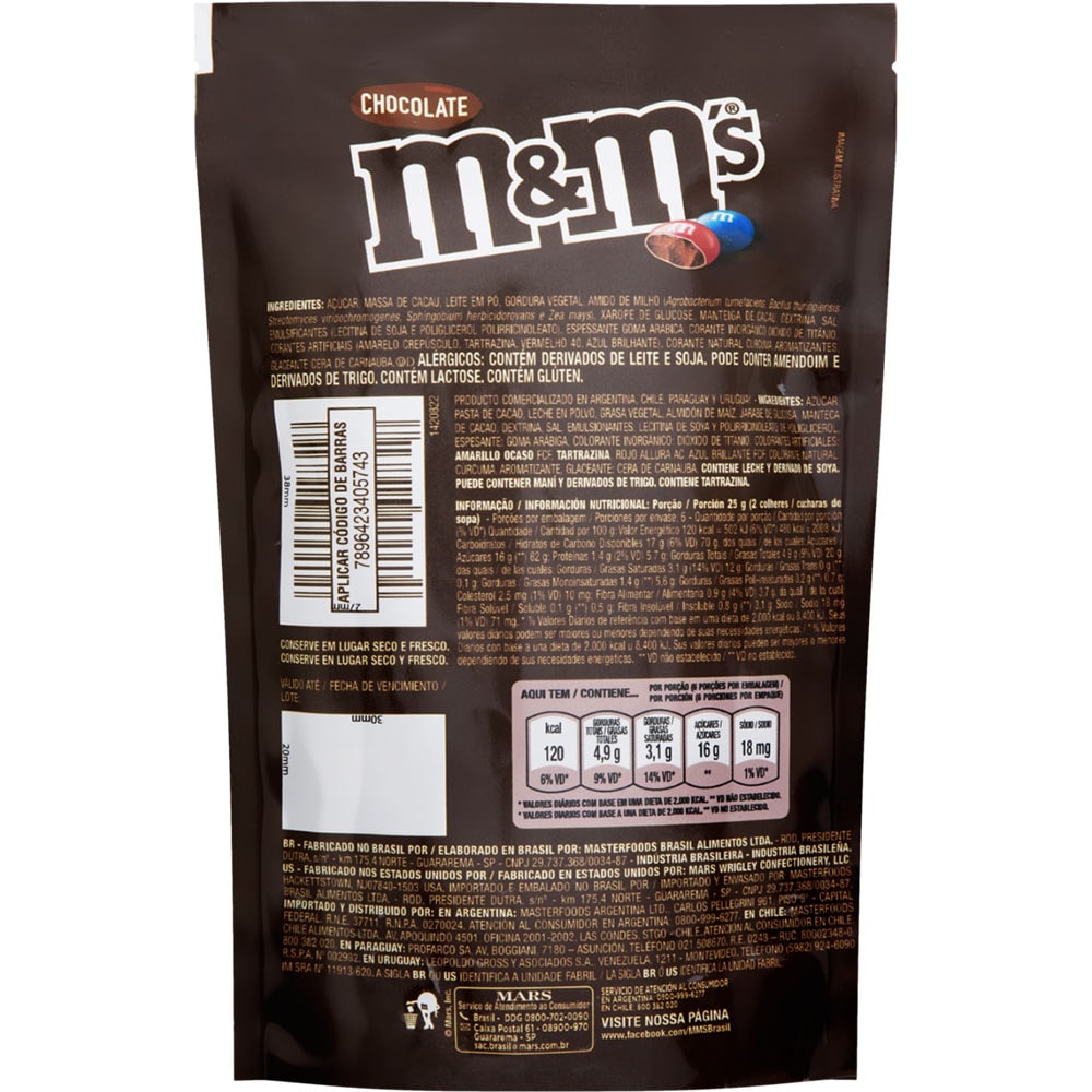 Confeitos M&M's de Chocolate ao Leite Pouch 148g - Destro