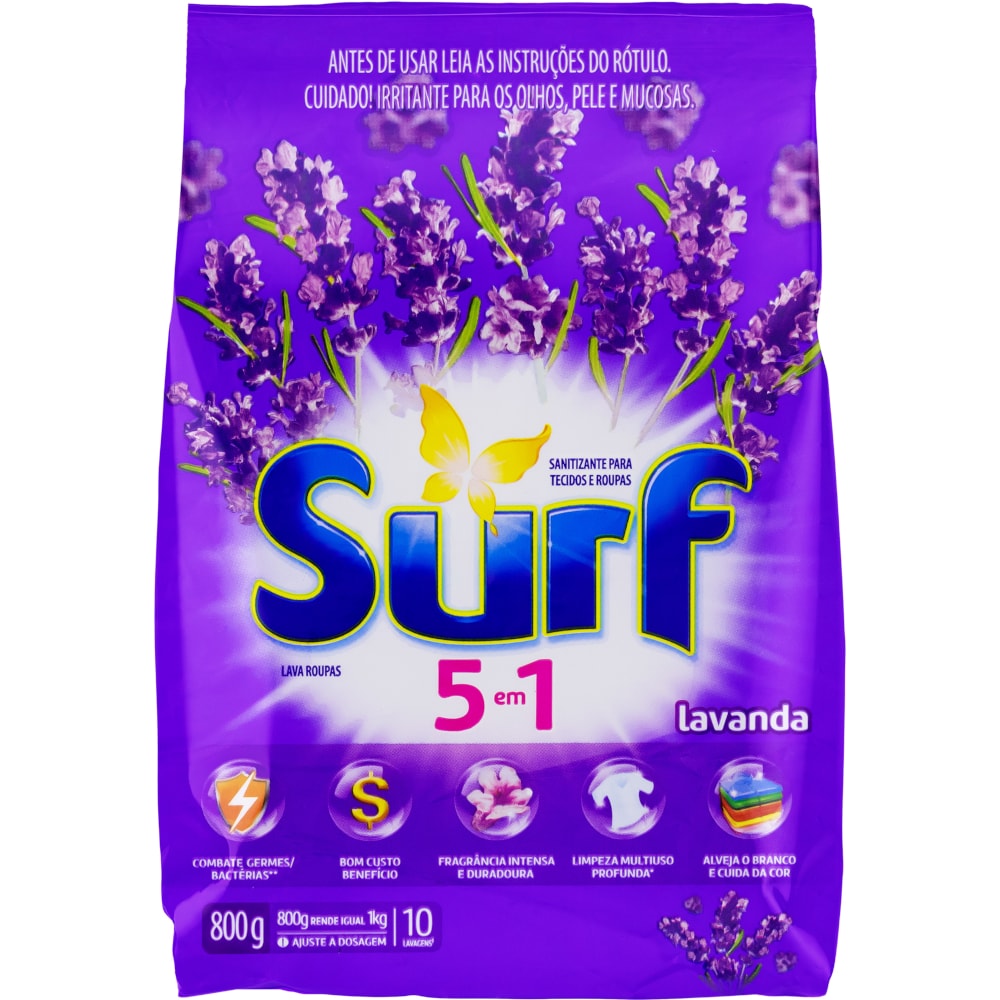 Lava Roupas Sanitizante em Pó Surf 5 em 1 Lavanda Sachet 800g - Destro