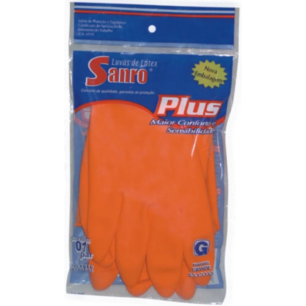 Luvas de Látex Sanro Plus Com Forro Laranja tamanho G - Destro