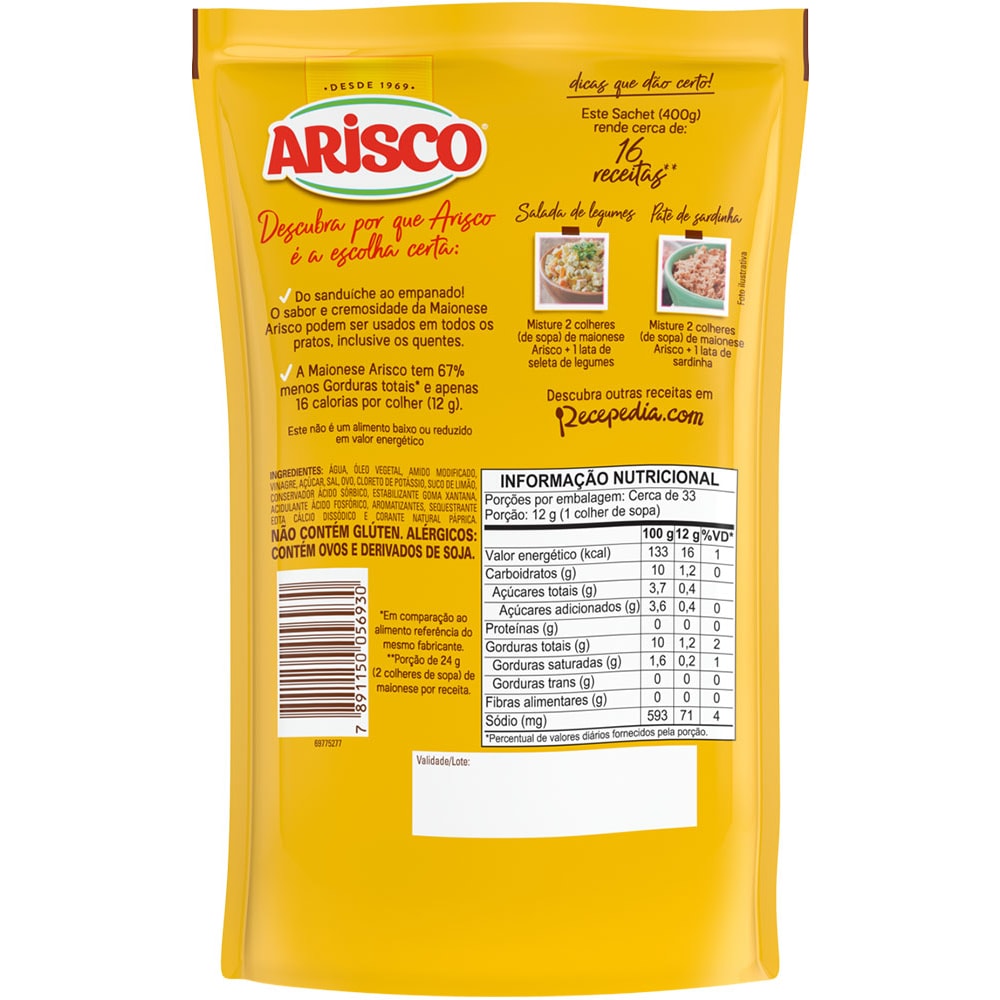 Maionese Arisco Tradicional Sachet 400g - Destro