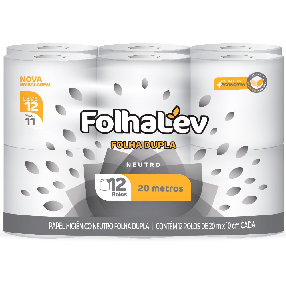 Papel Higienico Folhalev Folha Dupla Neutro 20m 12Un - Destro