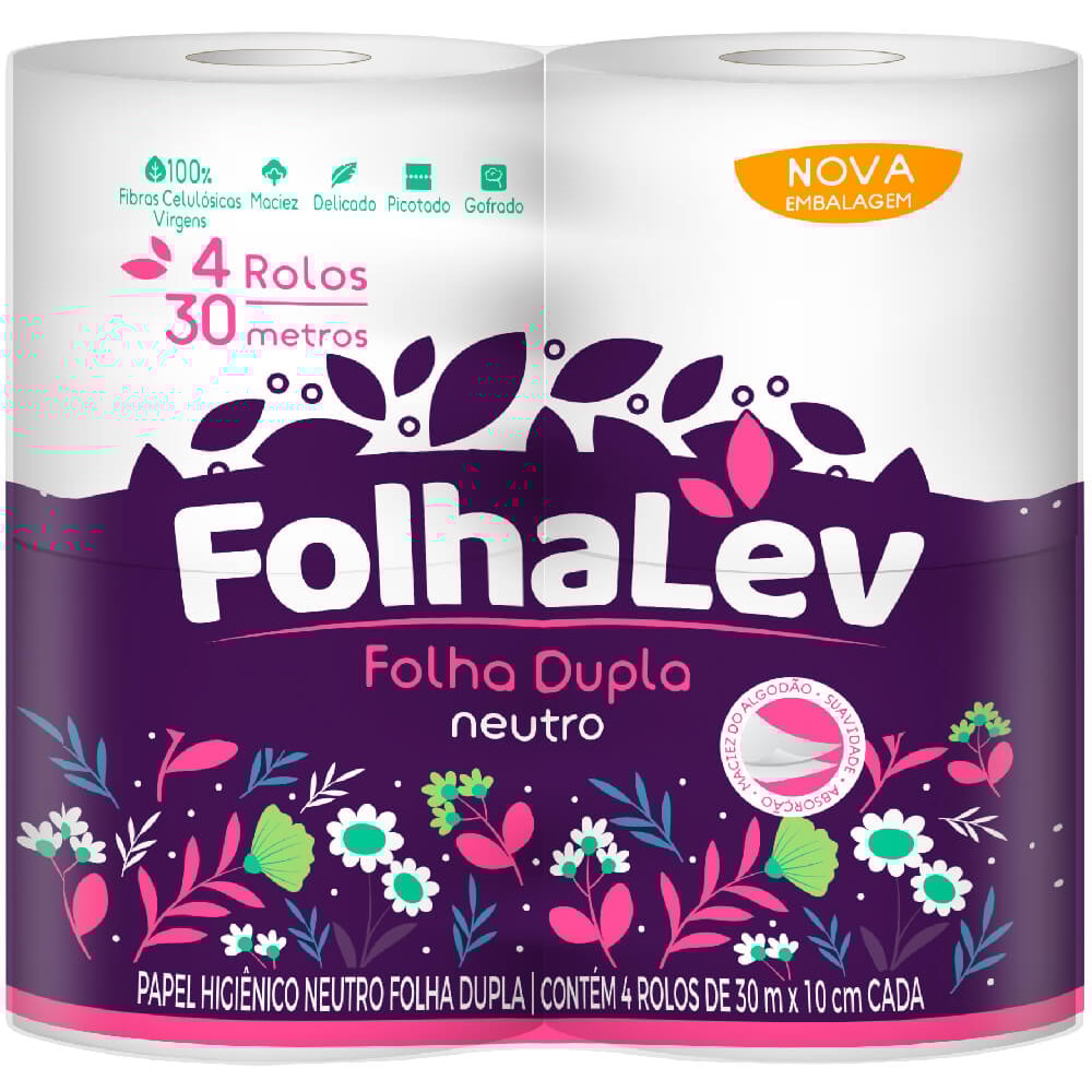 Papel Higiênico Folhalev Folha Dupla Neutro 30m 4 Unidades Destro