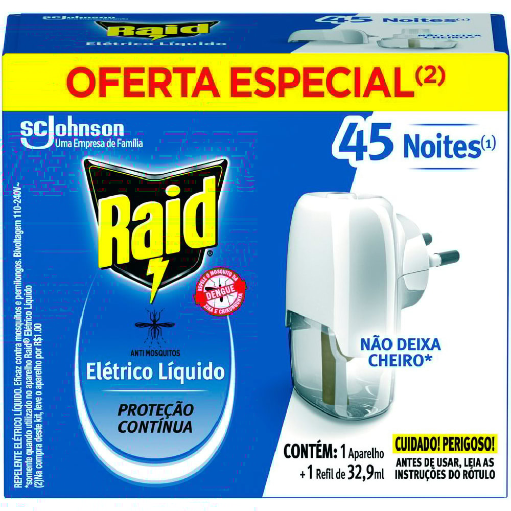 Repelente Elétrico Líquido Raid 45 Noites Aparelho e Refil de 32,9ml O ...